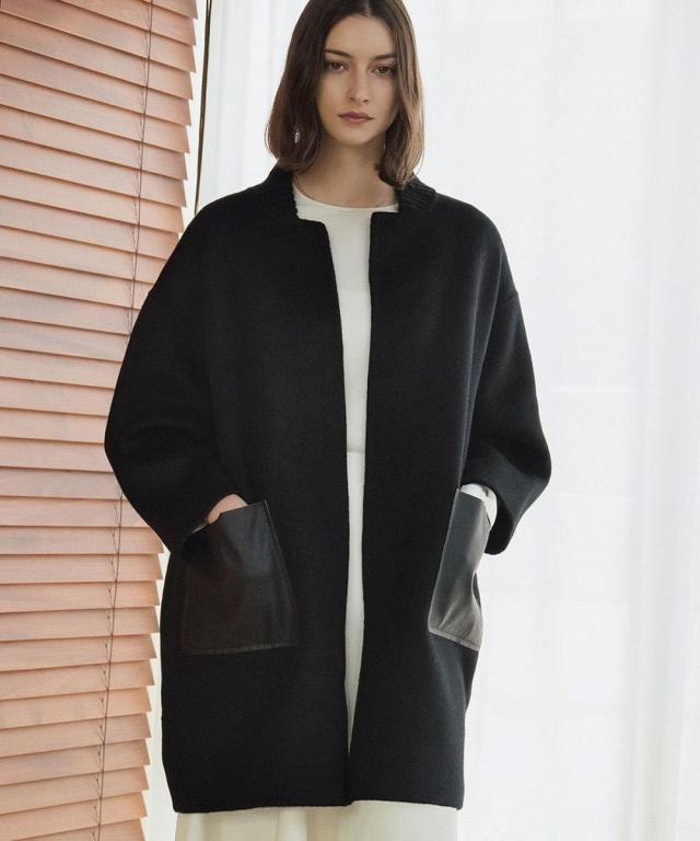 【NEW】エルフランク（ELFRANK）/【ウール70％】レザーポケット ドロップショルダー ミドル丈 コート ウールコート