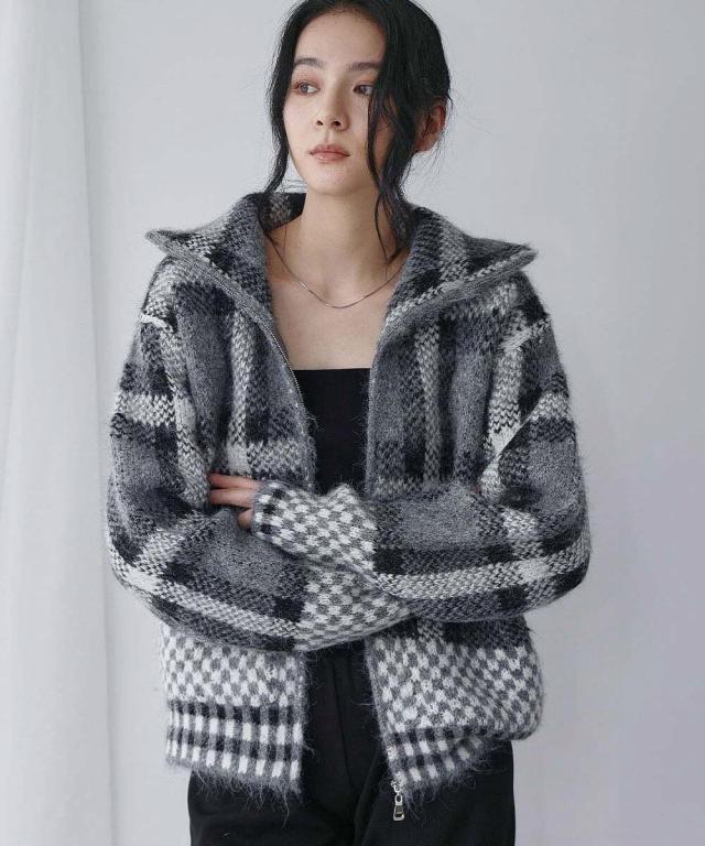 【NEW】エルフランク（ELFRANK）/チェック ジャガード スタンドカラー ニット ブルゾン ジップ