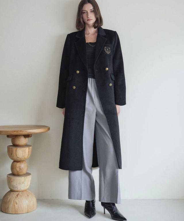 【NEW】エルフランク（ELFRANK）/【ウール70％】プレッピー エンブレム刺繍 ロングコート チェスターコート ウールコート