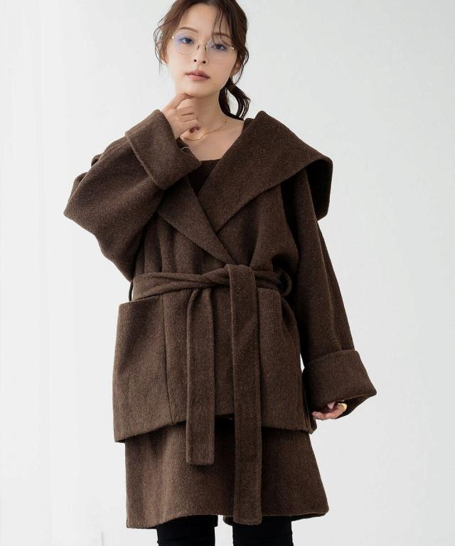 【NEW】エルフランク（ELFRANK）/【ウール68％】ベスト付き ベルテッド ハーフコート