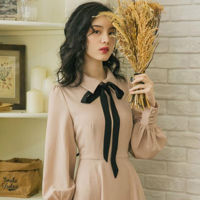 《送料無料》クラシックで上品！ワンピース ロング丈 レディース ロングワンピース マキシワンピース 長袖 クラシックワンピース トレロワンピース マキシ リボン ハイウエスト Aライン 春 秋