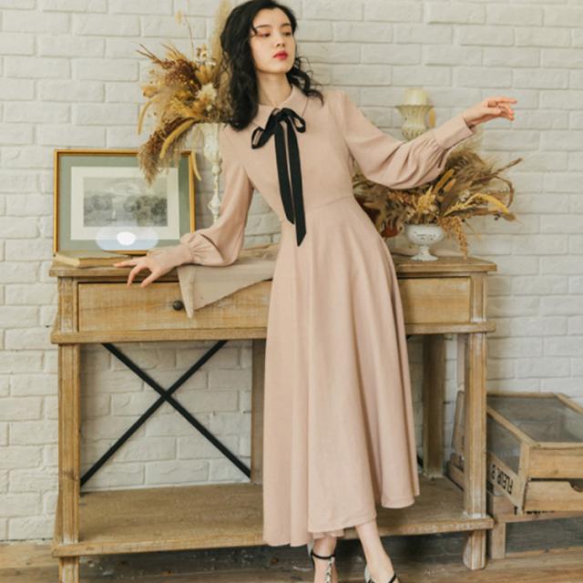 《送料無料》クラシックで上品！ワンピース ロング丈 レディース ロングワンピース マキシワンピース 長袖 クラシックワンピース トレロワンピース マキシ リボン ハイウエスト Aライン 春 秋