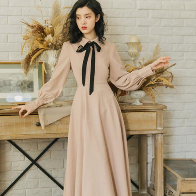 《送料無料》クラシックで上品！ワンピース ロング丈 レディース ロングワンピース マキシワンピース 長袖 クラシックワンピース トレロワンピース マキシ リボン ハイウエスト Aライン 春 秋