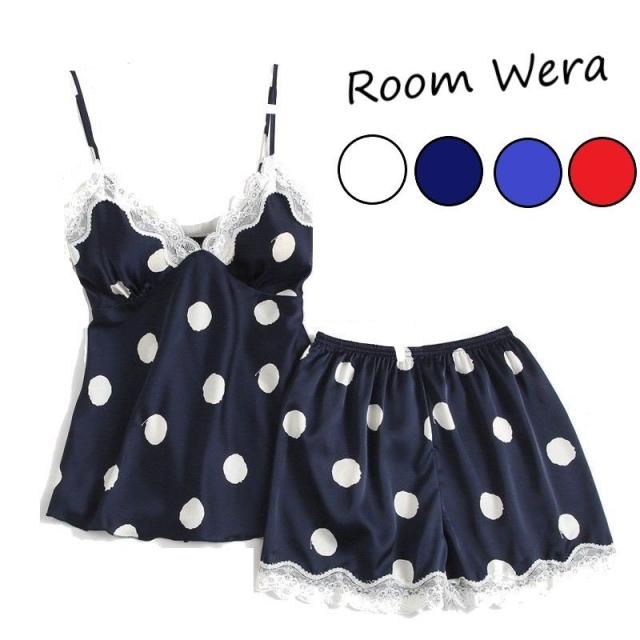 ルームウェア 上下セット キャミソール パンツ レディース ショート丈 ドット柄 ナイトウェア 寝巻き パジャマ 可愛い