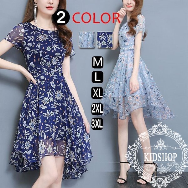 シフォンワンピース レディース ワンピース ミディアム 膝丈 半袖 ラウンドネック 花柄 プリントワンピ 大きいサイズ オシャレ ファッション 夏