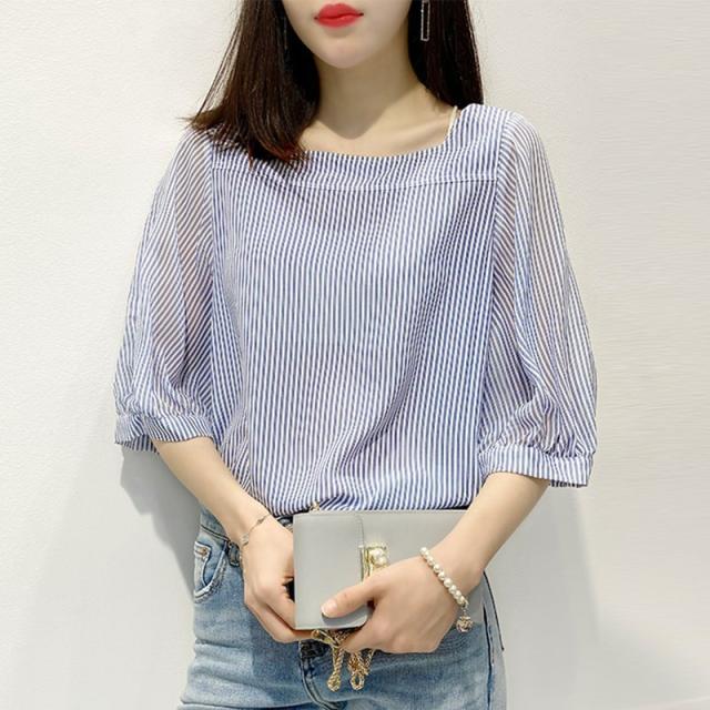 ブラウス レディース 40代 春夏新作 オシャレブラウス シフォンシャツ 五分袖トップス ストラップ柄 パフスリーブブラウス 大人 ゆったり シャツ 30代 50代