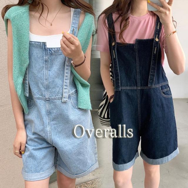 サロペット オーバーオール レディース デニム ロールアップショート ショートスパンツ ポケット付き 着痩せ かわいい カジュアル おしゃれ 20代 30代 40代