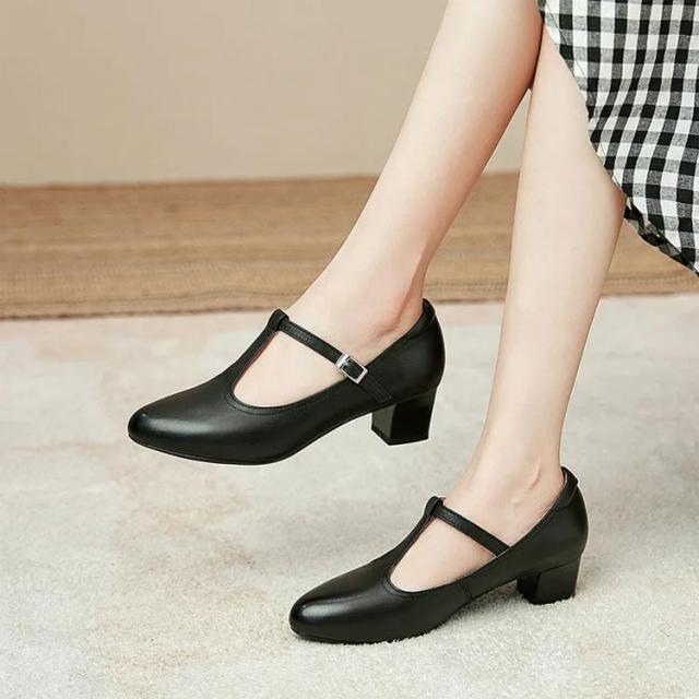 パンプス ストラップ 本革 牛革 ポインテッドトゥ Tストラップパンプス