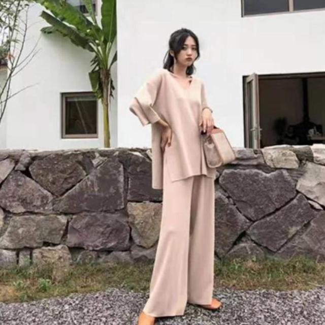 サマーニット セットアップ 5分袖 ニット トップス Vネック チュニック