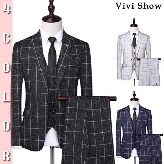 メンズ 3ピース スーツ チェック柄 ビジネススーツ セットアップ 3ピーススーツ カジュアルスーツ 通勤 結婚式