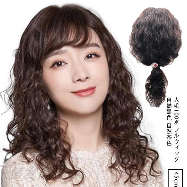 人毛ウィッグ 人毛100 ウィッグ フルウィッグ ロング パーマ 長さ 約45cm 医療用 ウィッグ 女性 レディース 人毛 100％使用 ロング丈 ナチュラル 自然 つむじ 桂 小顔 ウィッグ 自然黒色 自然茶色