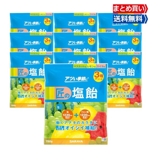 サラヤ 匠の塩飴 3種アソート (マスカット味・レモン味・スイカ味) 750g 約175粒 熱中症 対策 塩分補給 国産塩 個包装 キャンディ クエン酸 糖分 27860 (10)