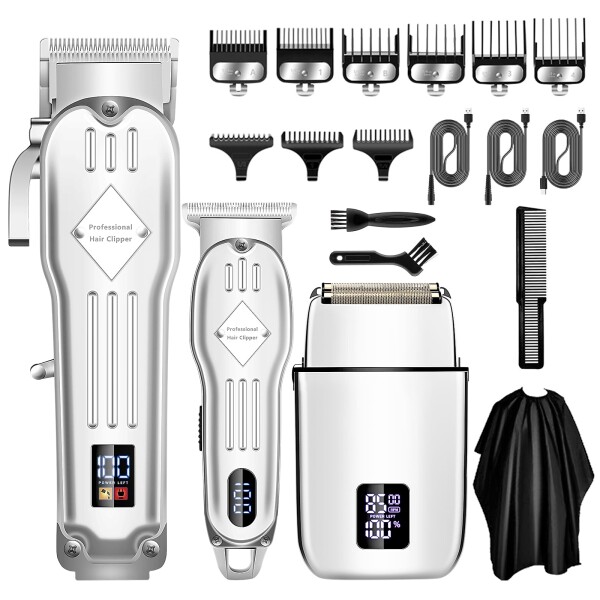 Soonsell メンズバリカン 電動バリカン 往復式シェーバー USB充電式 LCD表示 自動研磨 ヘアカッターセット ひげそり 低騒音 理髪美容セット 家庭 業務 ショートヘア用 セルフカット（シルバ