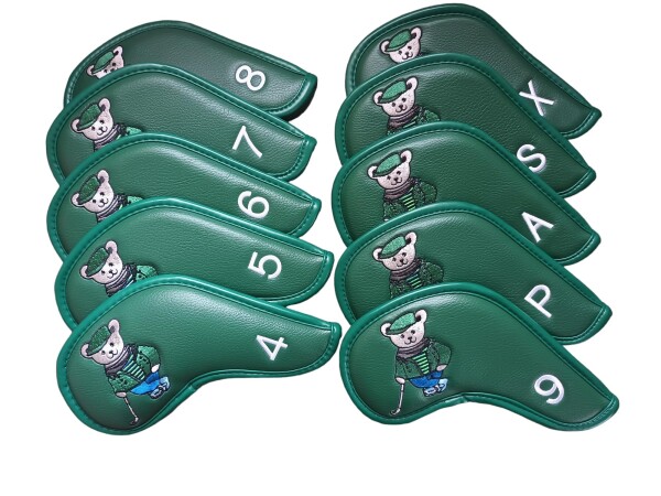 ゴルフクラブヘッドカバー10点セット、アイアン用、熊刺?柄 (グリーン)