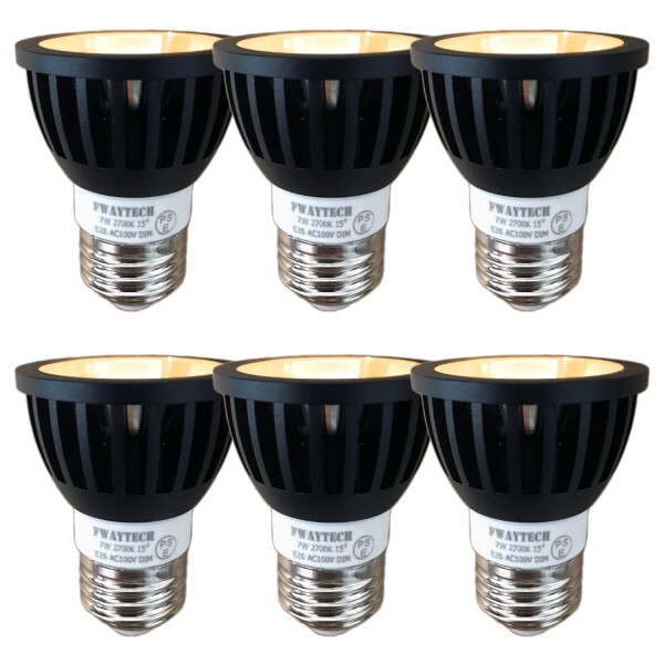 Fwaytech ledスポット e26口金 狭角 ブラック 調光器対応 7W LEDハロゲン電球60W〜75W相当 ダクトレールLEDスポットライト 密閉器具対応 6個セット (電球色相当(2700K), 本体黒 (狭角15度) E26口金 調