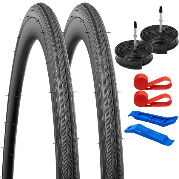 YunSCM 2本セット,700 25c タイヤ,700x25c 25-622 自転車タイヤ+ 700x25/32c チューブ 仏式バルブ60mm+リムテープ+タイヤレバ,適用 700x25c ロードバイク,Y-1076