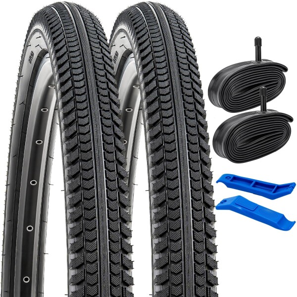 YunSCM 2本セット,24 2.125 タイヤ, 24x2.125 57-507 自転車 タイヤ + 24x1.75/2.25 チューブ 肉厚 米式バルブ32mm+タイヤレバー,タ適用 24インチ 2.125 マウンテンバイク,Y-1072