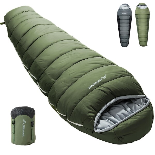 BISINNA 寝袋 人工ダウン マミー型 シュラフ 1.8kg 冬用 夏用 40Dナイロン防水 キャップ YKKダブルファスナー 収納袋付き 丸洗い可能 オールシーズン 車中泊 防災 アウトドア 登山お昼寝用（
