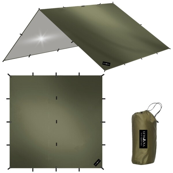 LUHANA タープ 正方形 スクエア 難燃性 ポリエステル 耐水圧8000mm ブラックコーティング シルバーコーティング ループ19個 軽量 4mx4m / 3.5mx3.5m / 3mx3m / 4mx3m (アーミーグリーン（難燃性シルバ