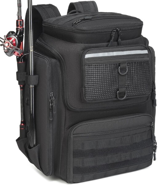 ロッドホルダー付き釣りバックパック - 45L 大型防水フィッシングバッグ、アウトドアキャンプ・ハイキング用装備向け（バッグ本体のみ）