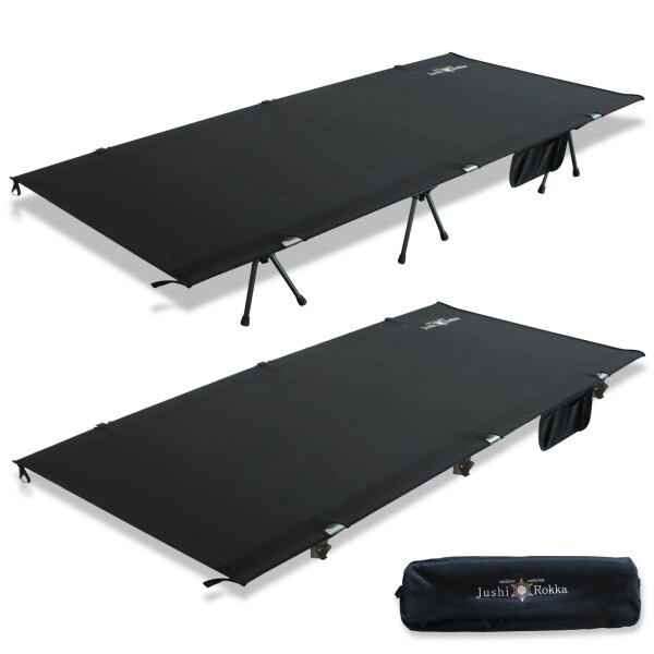 Jushi☆Rokka キャンプコット 簡易ベッド 2way 高さ2段階調整 軽量 コンパクト 防災 小物収納 野外 釣り スポーツ観戦 ピクニック 自宅用 会社用 収納バッグつき (ブラック)