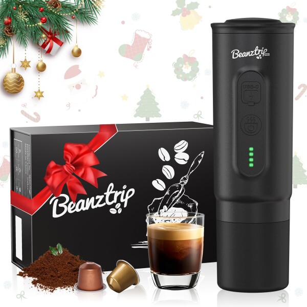 BeanzTrip(ビーンズトリップ) ポータブル電動エスプレッソマシン 旅行用コーヒーメーカー キャンプ用 車用コーヒーメーカー 自己暖房 USB-C付き 挽いたコーヒー&NSカプセル付き ハイキング