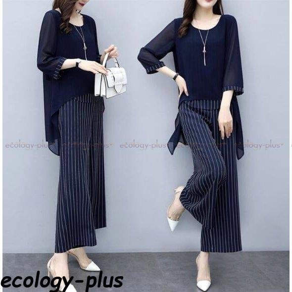 セットアップ ワイドパンツ レディース きれいめ 2点セット トップス シフォン ブラウス  ストライプ ゆったり 体型カバー 大きいサイズ 二次会 30代 40代 50代