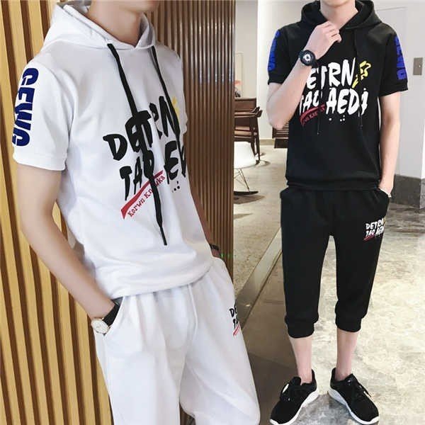 スウェット メンズ パーカー 半袖 Tシャツ 文字 ルームウェア セットアップ 部屋着 ボトムス スウェットパンツ クロップドパンツ おしゃれ 通気 運動風 春夏