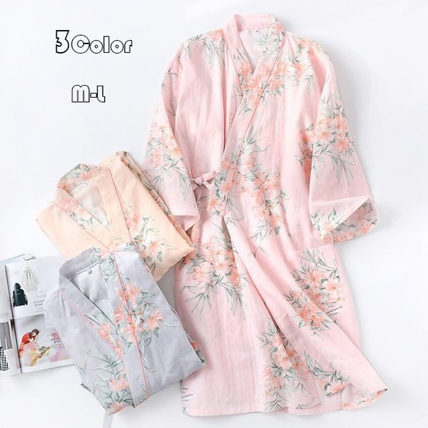 【セール】2重ガーゼ バスローブ 花柄 綿100％ バスローブレディース パジャマ　薄手浴衣　バスローブ ガウン ルームウェア 寝巻き風呂