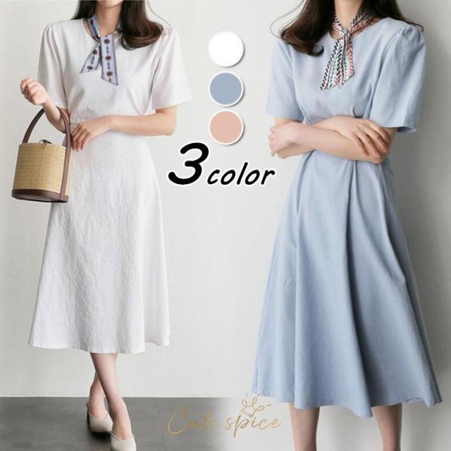 ワンピース レディース 40代 マキシワンピース 春夏新作 半袖ワンピース パフスリーブ リネン Aラインスカート オシャレ韓国風 大人 ゆったり シンプル 30代