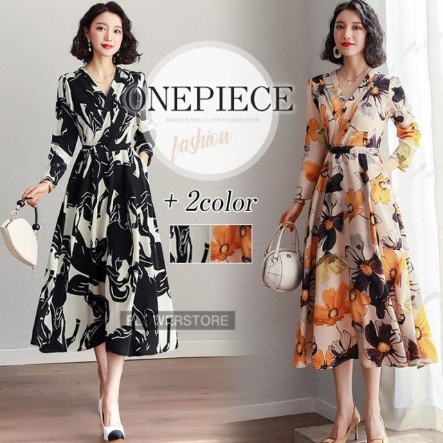 フレア ワンピース レディース キレイめ ミモレ丈 膝丈 ロング丈 秋冬 長袖ワンピース 無地 体型カバー 高級感カジュアル ウエスト締める オシャレ上品 着痩せ