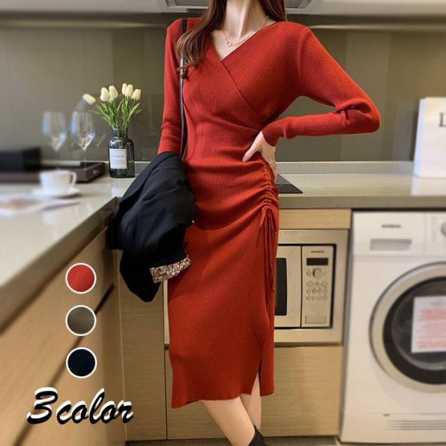 ニットワンピース レディース 40代 秋冬 長袖 ニットワンピース ニットタイトスカート Vネック 無地セーター ストレッチ 着痩せ 上品 韓国風 通勤 結婚式ドレス