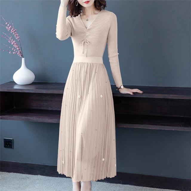 2点セット レディース ニットワンピース ドレス プリーツ チュールスカート メリヤス スカート セーター 長袖 ルロング丈 秋冬 30代 40代 50代 韓国風 2点セット レディース ニットワンピース ドレス プリーツ チュール