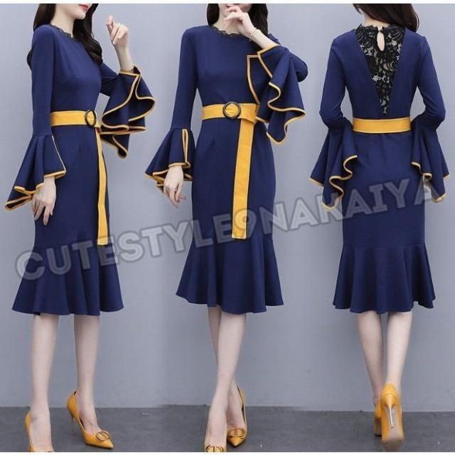 ワンピース 膝丈 レディース 長袖 ワンピース フリル レース ベルト付き きれいめ  通勤 ドレス 二次会 おしゃれ 大きいサイズ 着痩せ 秋 冬 きれい 30代