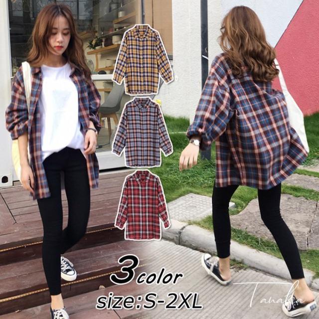 ブラウス レディース 春 夏 秋 長袖 ブラウス おしゃれ チェック柄トップス ミディアム丈シャツ オーバー カジュアル韓国風 大きいサイズシャツ 30代 40代
