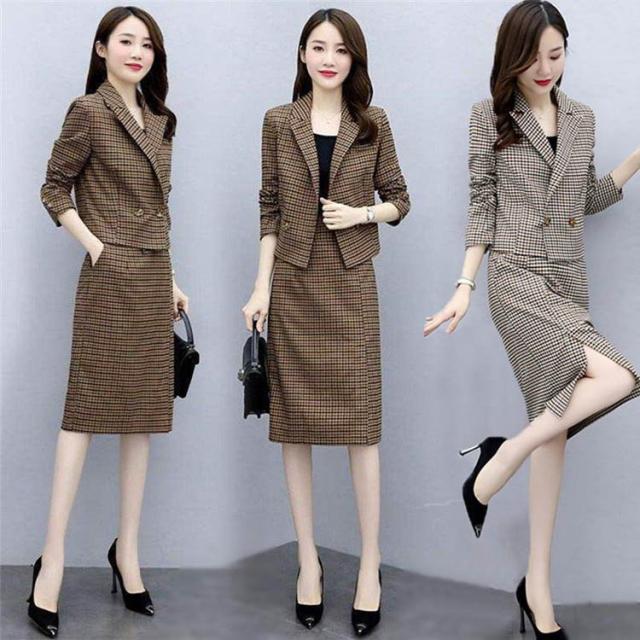 スカートセットアップ レディース 2点セット 上下セット 膝丈スカート スカートスーツ ジャケット コート チェック柄 着痩せ 通勤 OL おしゃれ 30代 40代