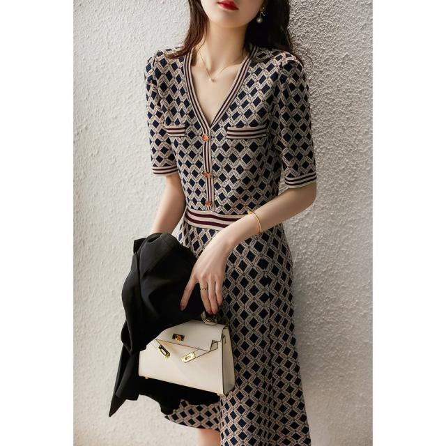 ワンピース レディース 2030代 夏 カジュアル Vネック 半袖 チェック柄  切り替え Aライン