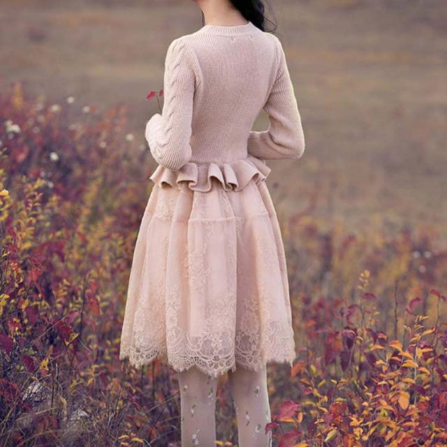 浅いピンクでお姫様のように着られる。秋新作 ワンピース ドッキング