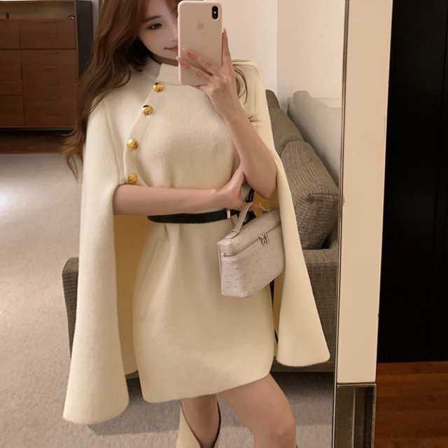 ワンピース レディース ミニ ミニ丈 ショート ショート丈 ケープ風 ニット ハイネック 二の腕カバー 無地 カジュアル シンプル かわいい