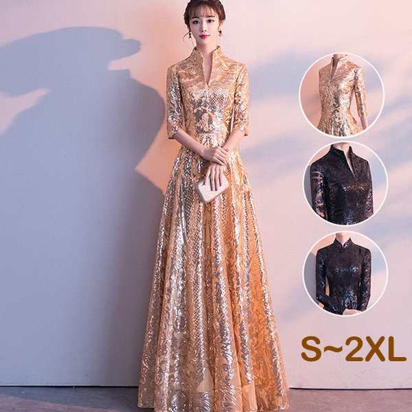 ロングドレス 演奏会 袖付き 演奏会用ドレス 母親 結婚式ドレス ピアノ発表会 ステージドレス 大きいサイズ イブニングドレス フォーマルドレス パーティードレス コンサート 音楽会 二次会 花嫁 スリットネック ハイネック ゴールド ネイビーXS S M L XL 2XL
