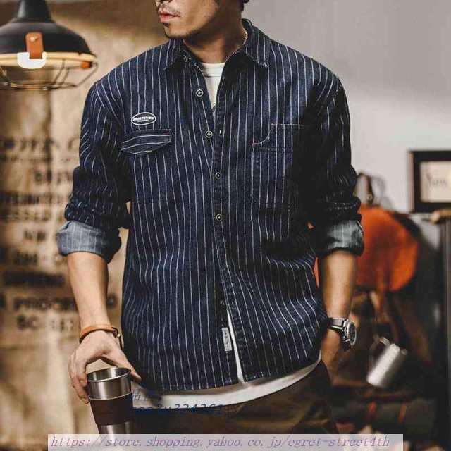 デニムシャツ ストライプ アメカジ カレッジ 非対称ポケット 柄物 黒 デニム 紺 メンズコーデ 秋冬 トップス 長袖シャツ ライトジャケット