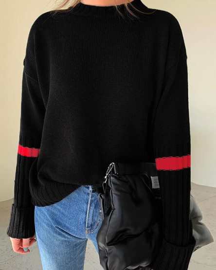 トップス セーター おしゃれ カジュアル シンプル ゆったり ベージュ クリーム ネイビー グレー 黒 ニット ライン ラウンドネック 長袖