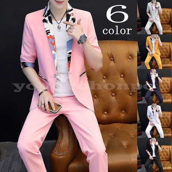 カジュアルスーツメンズサマースーツセットアップおしゃれサマージャケットスキニーパンツ上下紳士服テーラード5分袖薄手