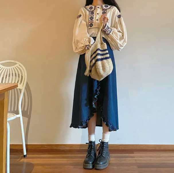 セットアップ ブラウス スカート 長袖 ボリューム袖 丸襟 ミモレ丈