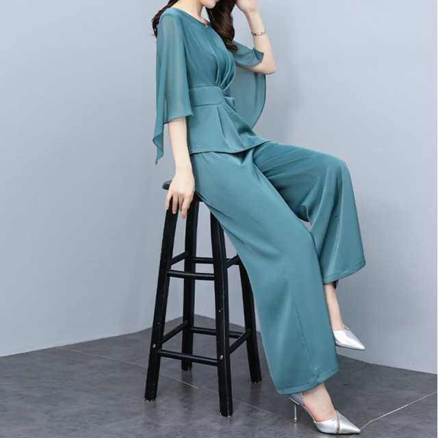 シフォンパンツドレス セットアップ レディース パンツセットアップ シフォンセットアップ パンツドレス スーツ ドレス シアー袖 タック