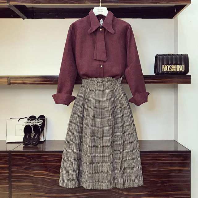 セットアップ レディース カジュアル 長袖 秋 冬 大きいサイズ 3L 4L 5L ゆったり ボウタイブラウス グレンチェック スカート きれいめ