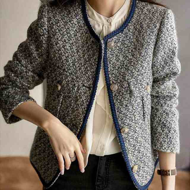 ツイードジャケット レディース 40代 長袖ノーカラージャケット チェック柄 ショット丈ツイードコート 春コート 薄手アウター 秋服 韓国風 通勤OL 30代 50代