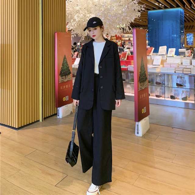 2色 セットアップ スーツ フォーマル パンツ スーツ タック ブラック ベージュ レディース べっ甲ボタン かっこいい ジャケット 上下セッ