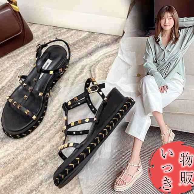 サンダル スタッズ 3連ストラップ ウェッジソール サイズ豊富 疲れない 大人可愛い きれいめ こなれ感 春夏 デート お出かけ