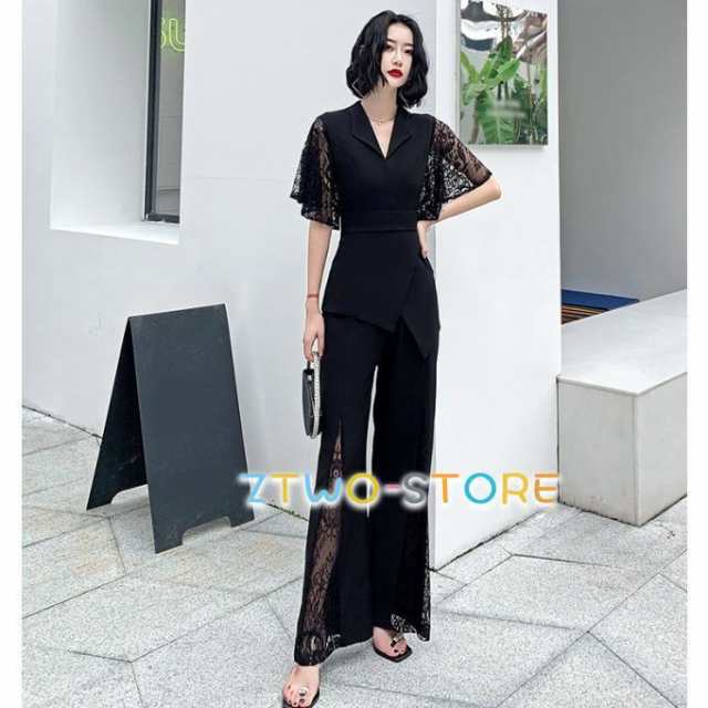 パーティードレス お呼ばれドレス パンツドレス ジャンプスーツ 結婚式 半袖 袖あり レース袖 黒 大きいサイズ 3L 4L 小さいサイズ 韓国風 フォーマル エレガント